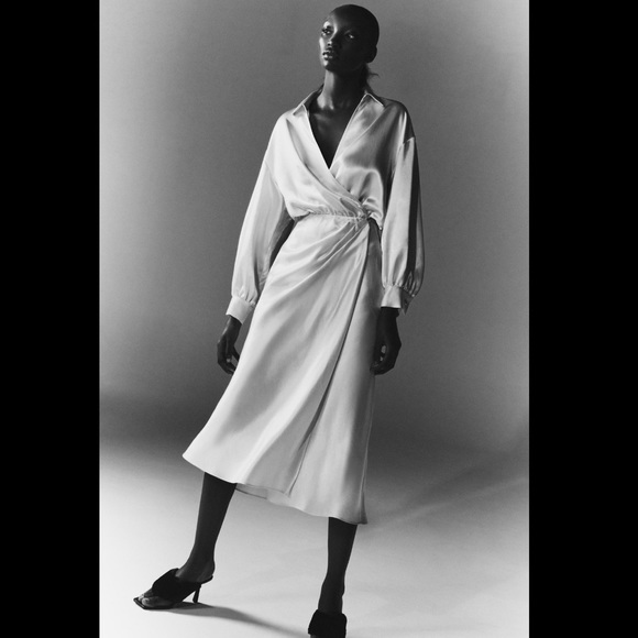 Zara | Dresses | Zara Cream Satin Effect Wrap Dress Special Edition ...